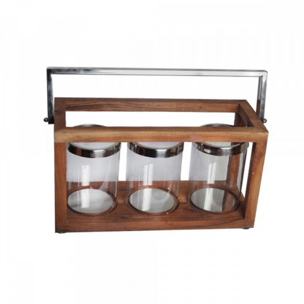 Lanterna de Madeira com 3 Supoerte para Velas em Vidro e Alça de Aço ...